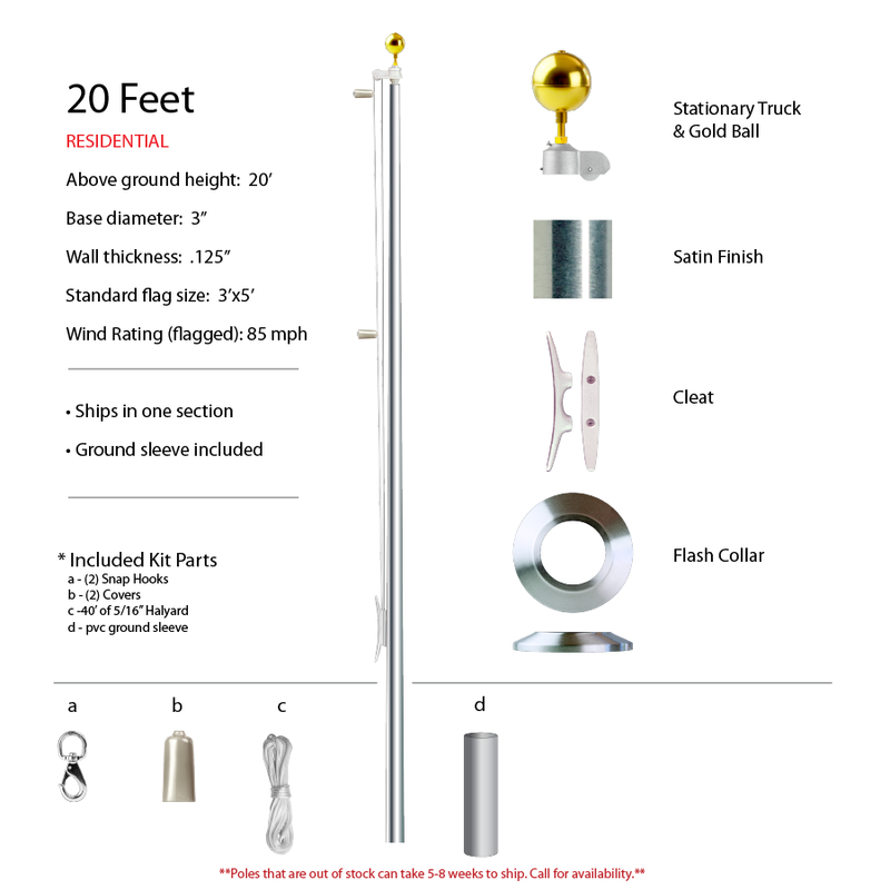 20 ft. Residential Flagpole | In Ground Flag Pole – Colonial Flag