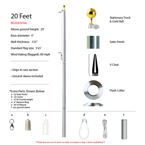 20 ft. Residential Flagpole | In Ground Flag Pole – Colonial Flag