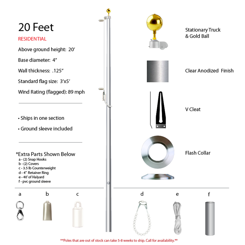 20 ft. Residential Flagpole | In Ground Flag Pole – Colonial Flag